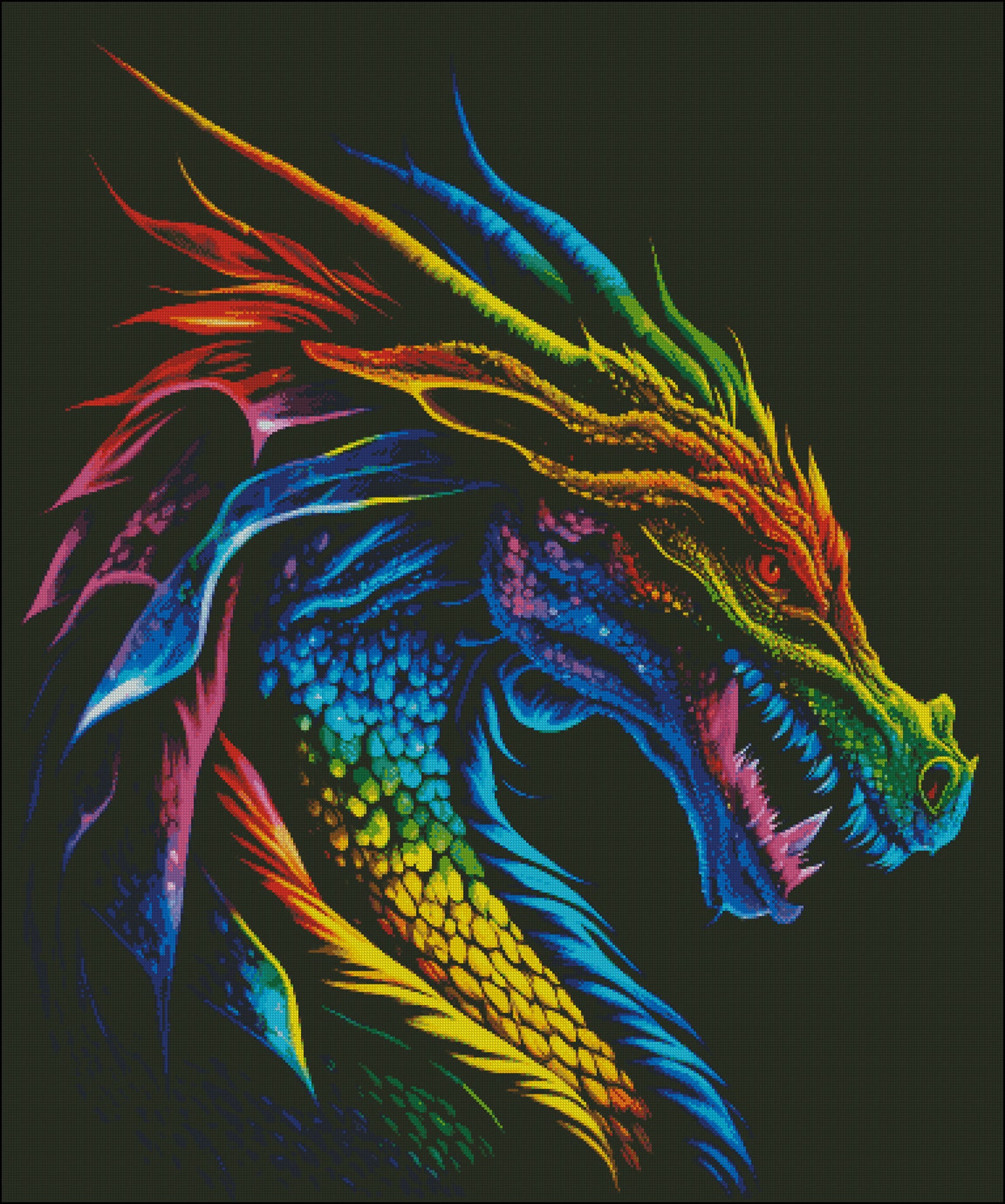 A Dragon in Neon Colors Fantasy Counted Cross Stitch Pattern Digital ...
