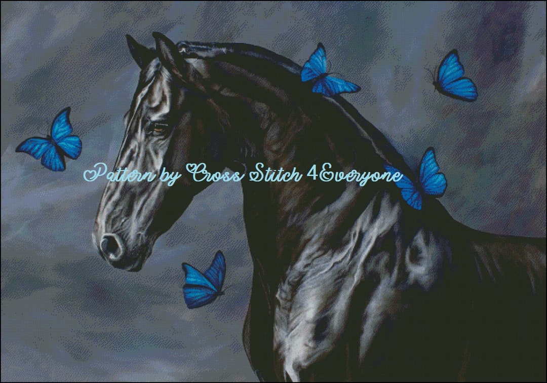 Black Horse With Morpho Blue Butterflies Counted Cross Stitch - Etsy