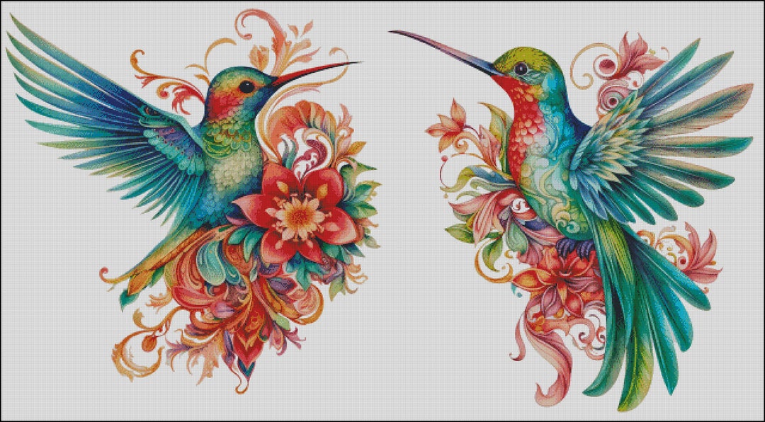 Hummingbirds With Floral Accents Counted Cross Stitch Pattern Digital ...