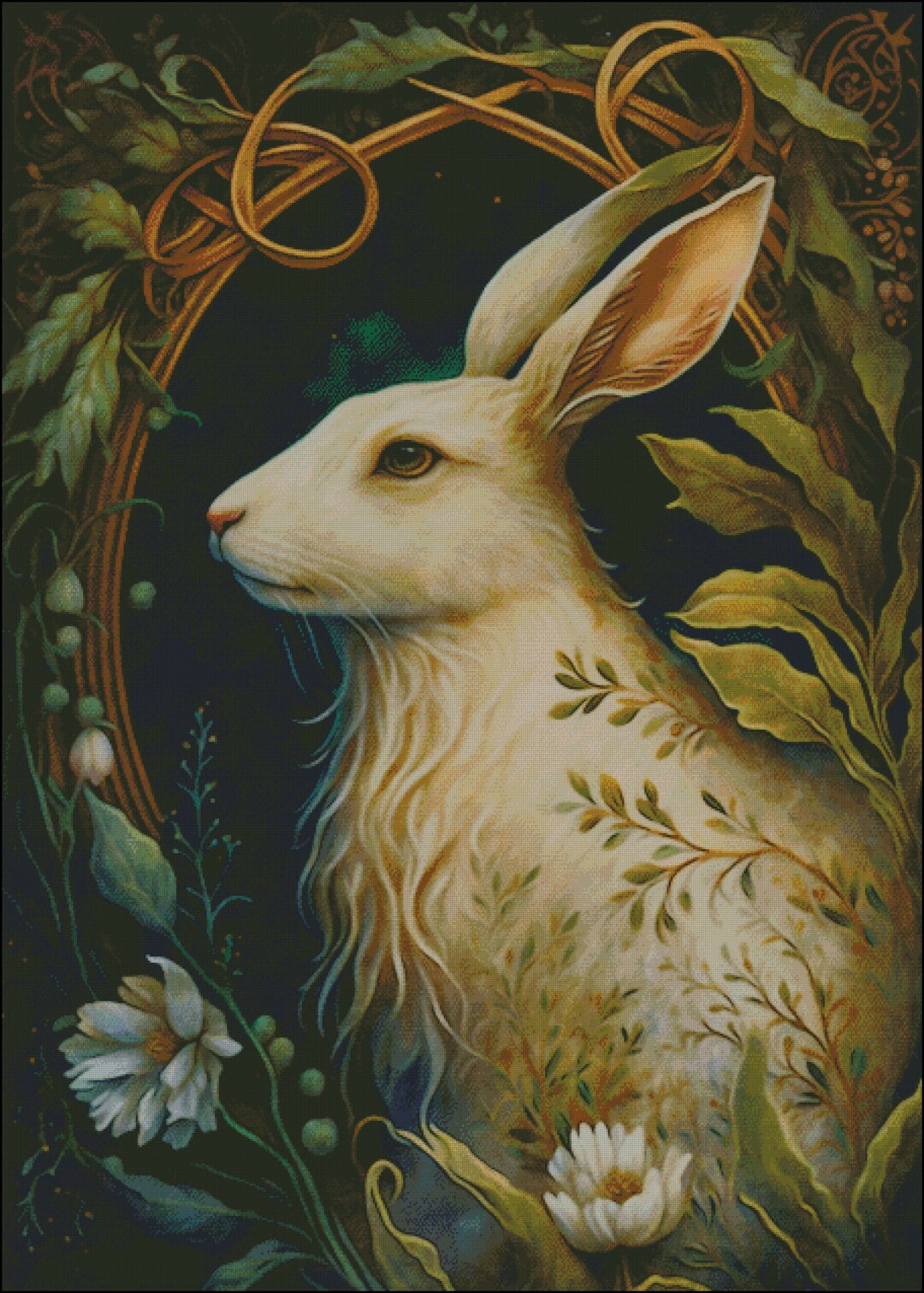 White Hare Rabbit Bunny With Floral Accents Counted Cross Stitch ...