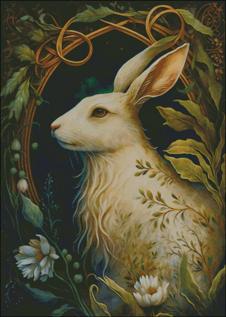 White Hare Rabbit Bunny With Floral Accents Counted Cross - Etsy