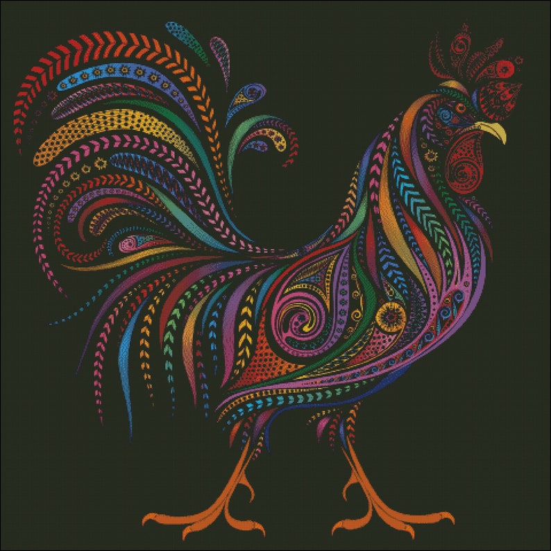 Zentangle Rooster Chicken Farm Roo Bright Purples Counted Cross Stitch ...