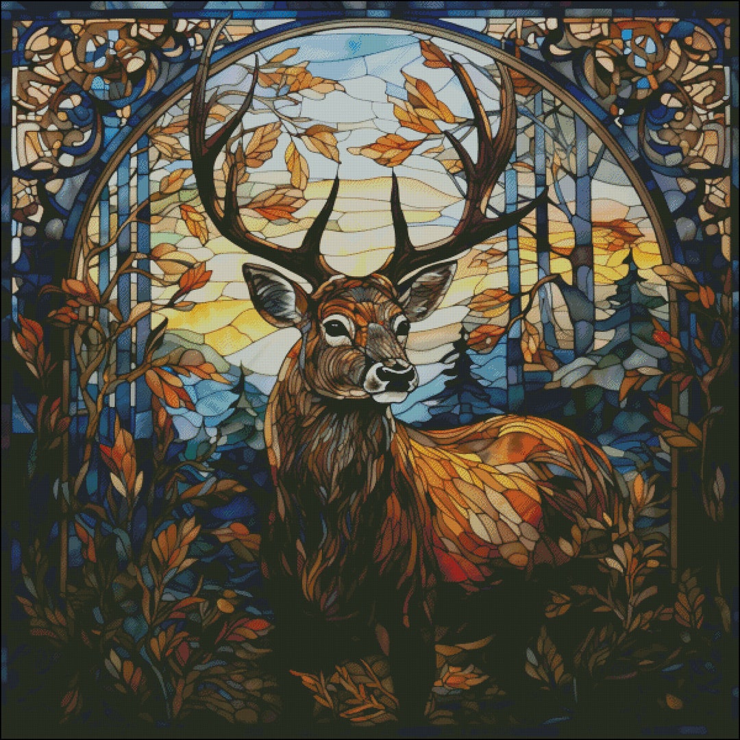 Whitetail Buck Deer Stained Glass Autumn Colors Counted Cross Stitch ...