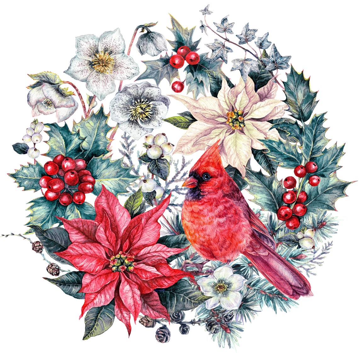 Christmas Wreath With Cardinal Bird Berries Poinsettia Holiday - Etsy