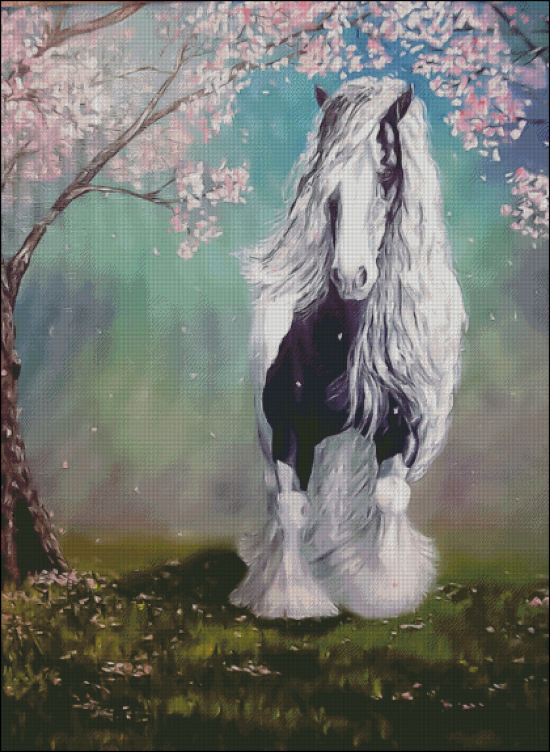 Gypsy Vanner Draft Horse Cherry Tree Blossoms Counted Cross Stitch ...