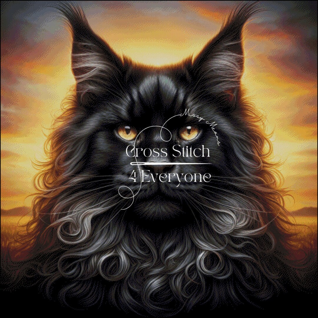 A Black Maine Coon Cat and a Dreamy Sunset Counted Cross Stitch Pattern ...