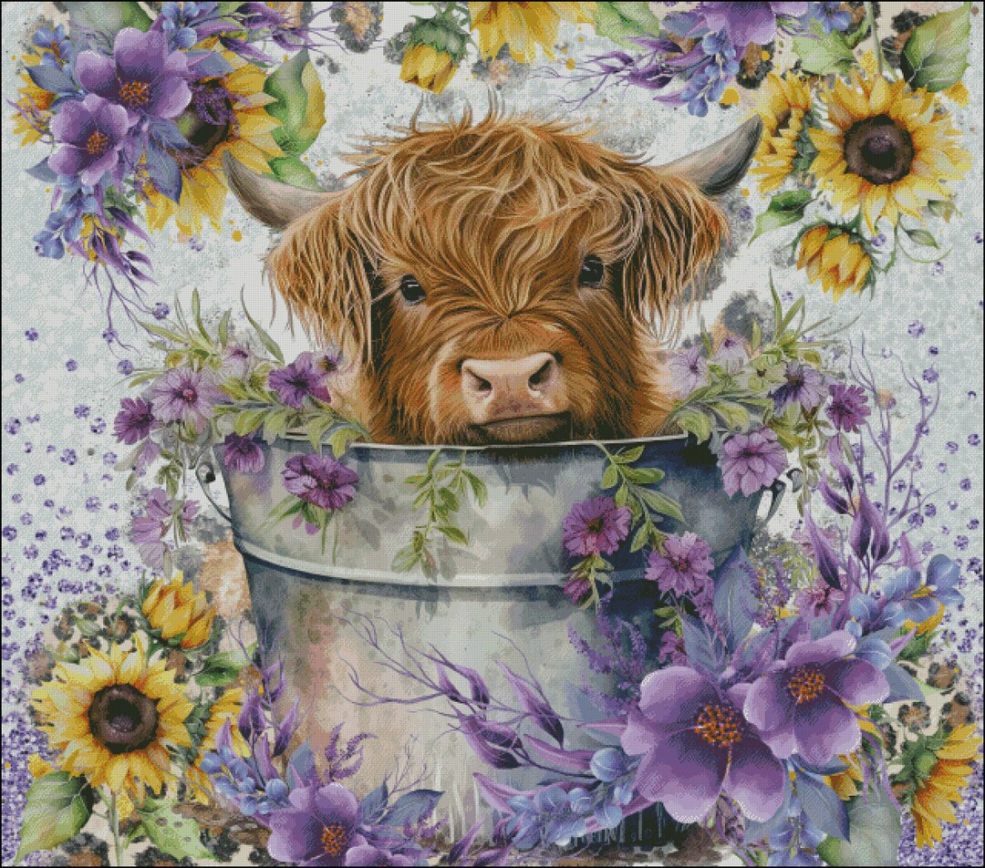Adorable Highland Calf With Sunflowers Counted Cross Stitch Pattern ...