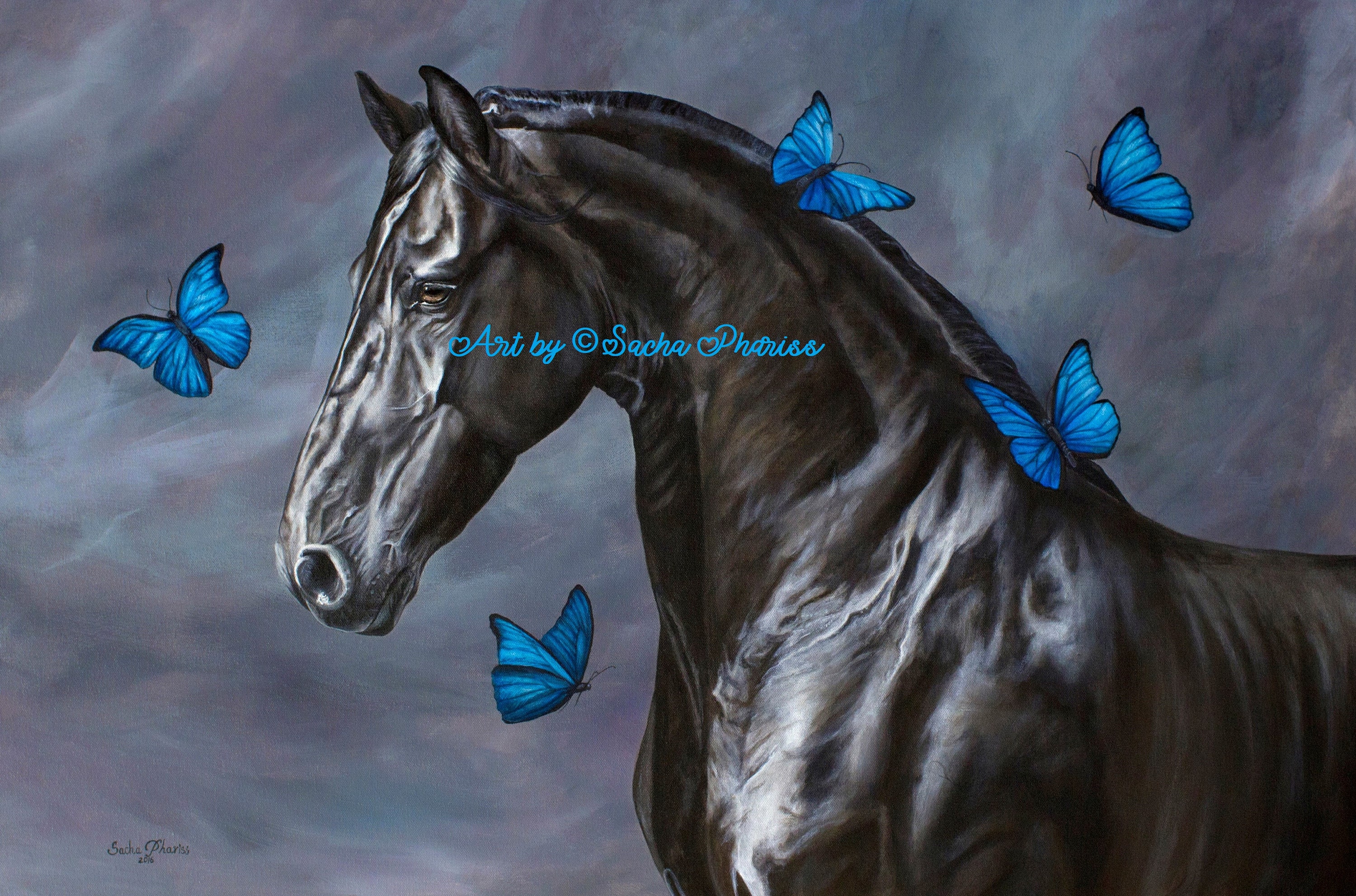 Black horse with morpho blue butterflies counted cross stitch | Etsy