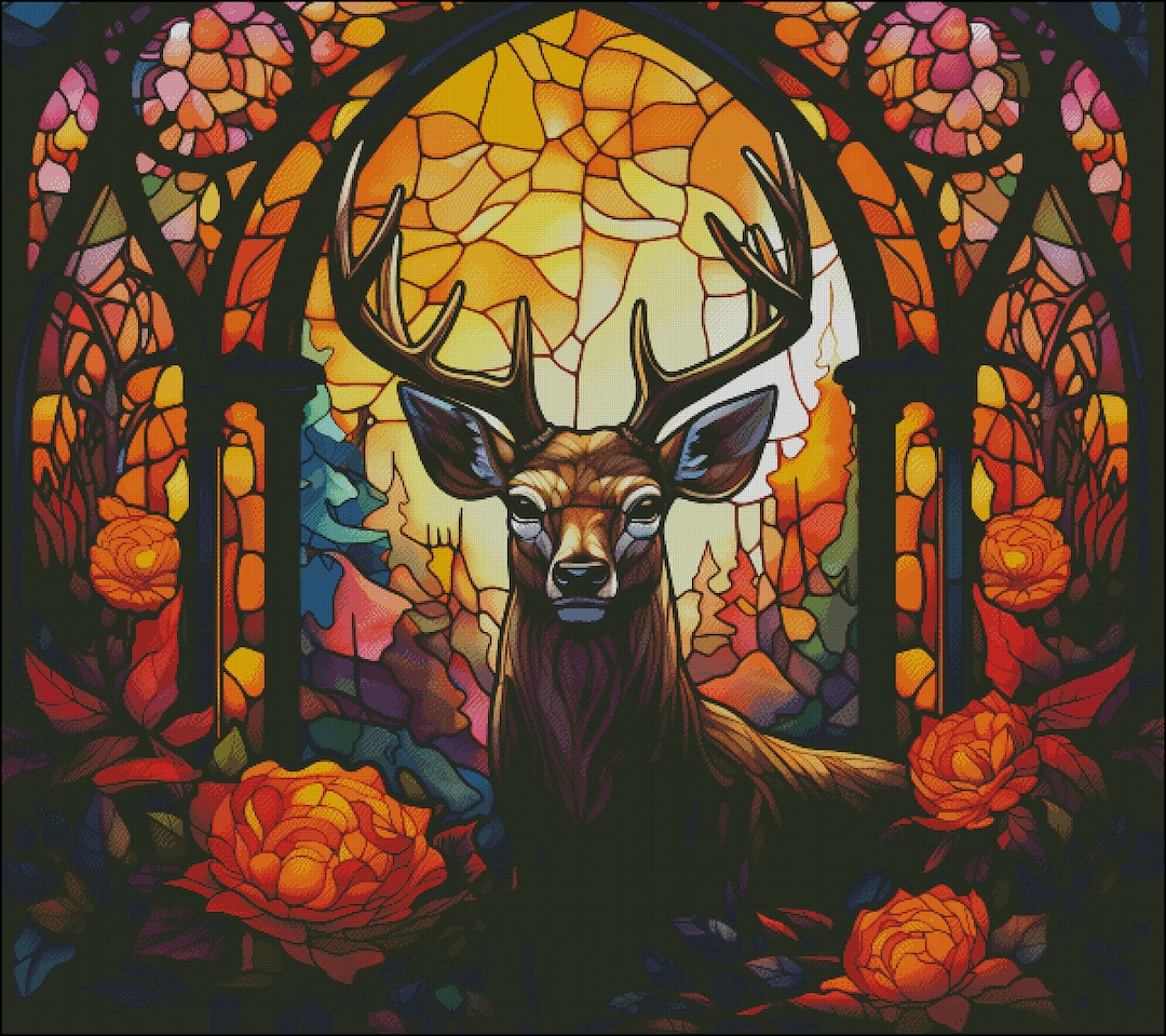 Whitetail Buck Deer and Stained Glass Counted Cross Stitch Pattern ...