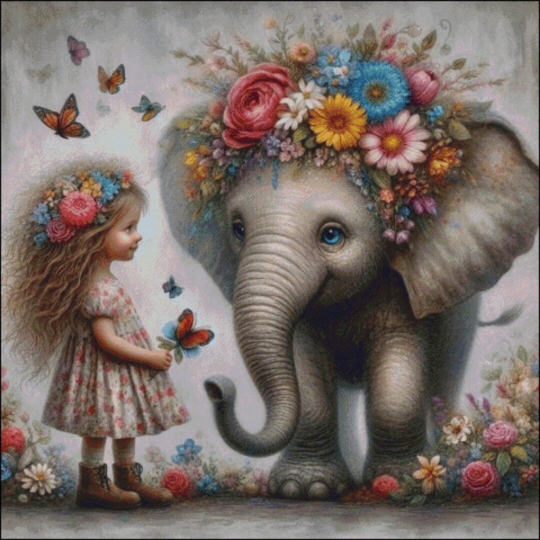 Little Girl With Elephant Baby Boho Flowers Counted Cross Stitch ...