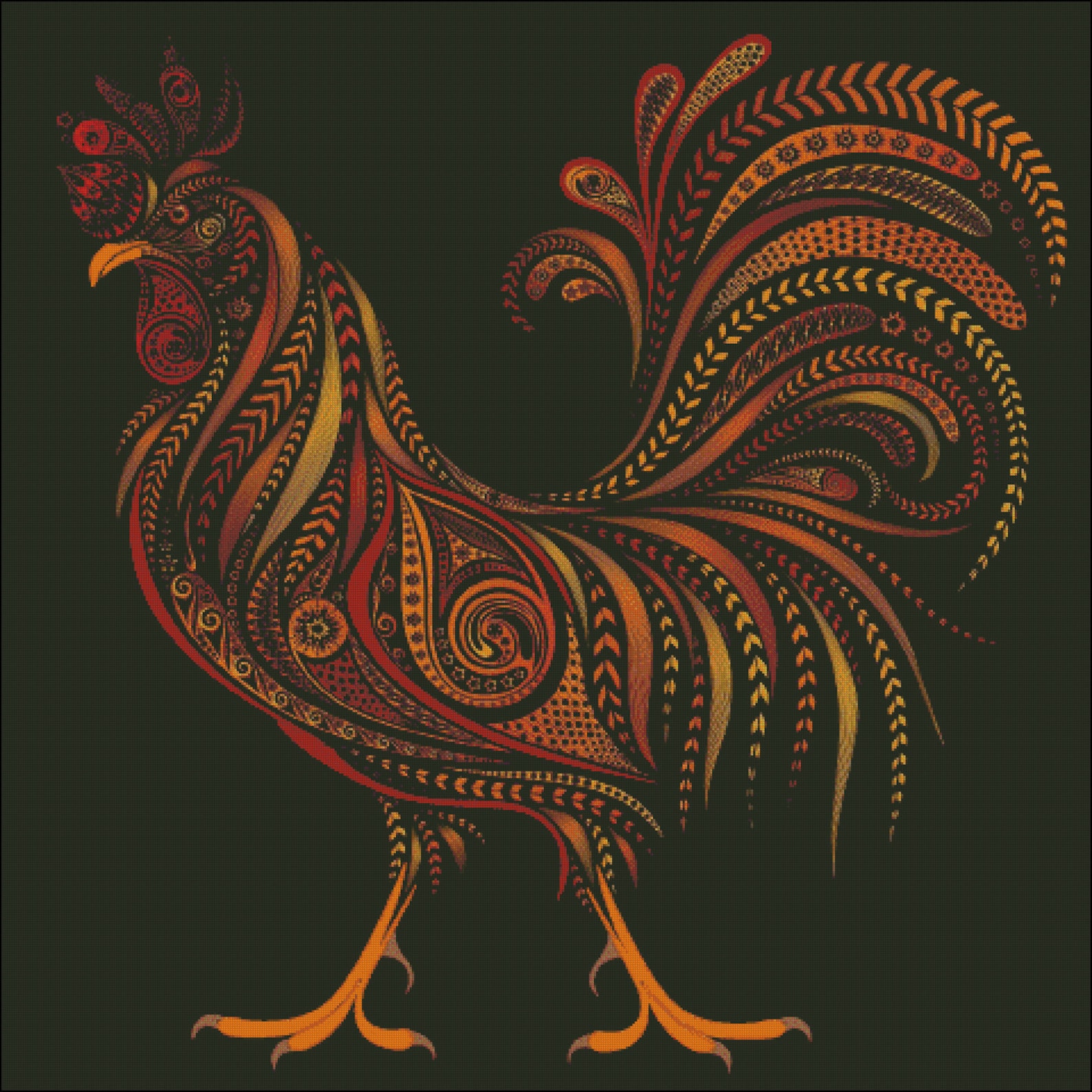 Zentangle Rooster Chicken Farm Roo Bright Colors Counted Cross Stitch ...