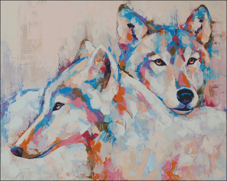 Abstract Wolves Colorful Wolf Pair Wildlife Animal Counted - Etsy