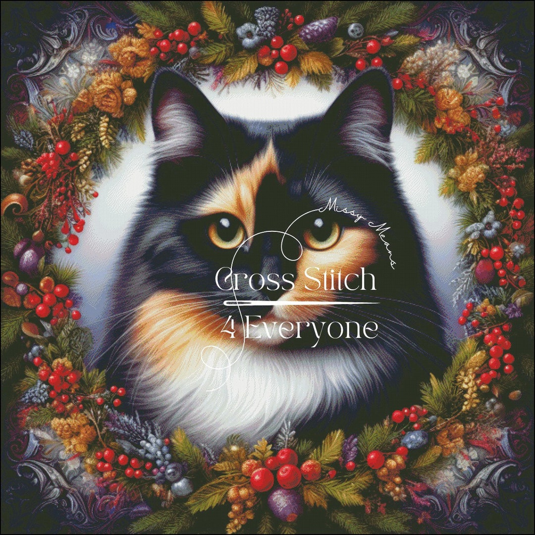 A Black Orange and White Calico Cat With Wreath Counted Cross Stitch ...