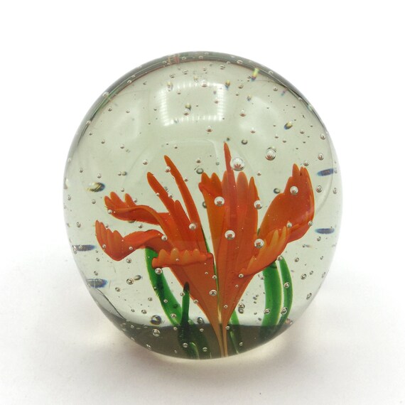 Vintage Small Paperweight Floral Orange Flower Green leaves in the ...