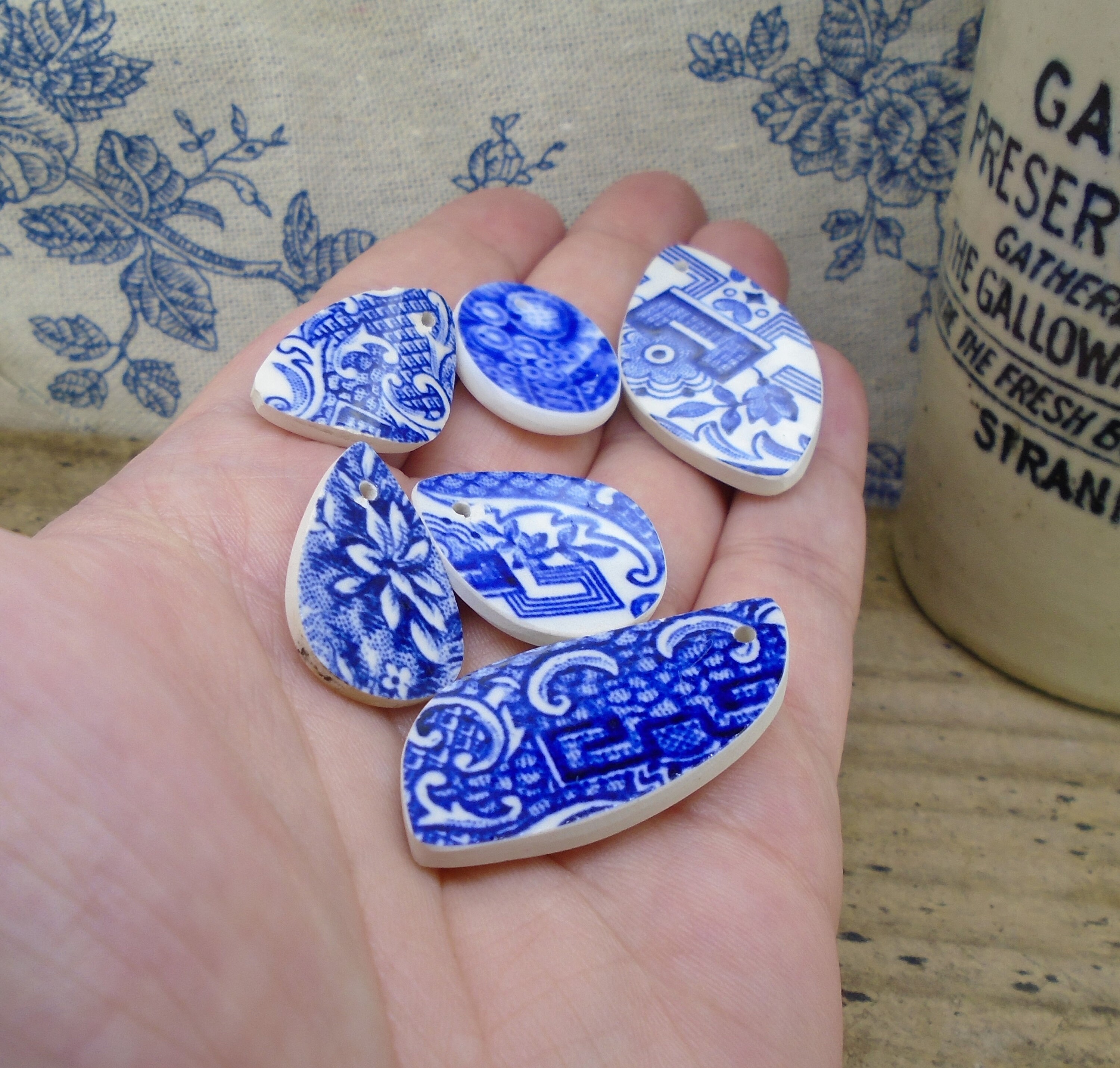 6 x Old Willow Vintage Porcelain Drilled Cabochons 13g | Etsy