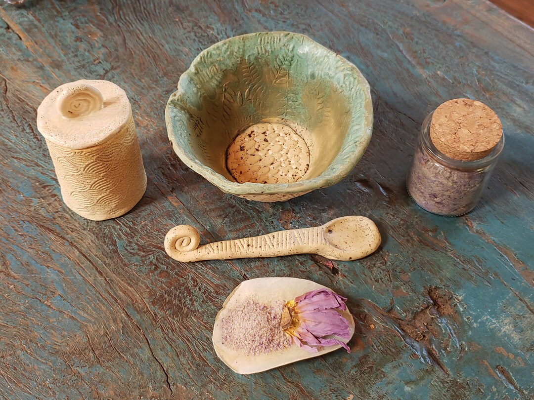 Blue Lotus Salt Ceremony Vessel With Tea Spoon, Jar, Glass Vile, Cork ...