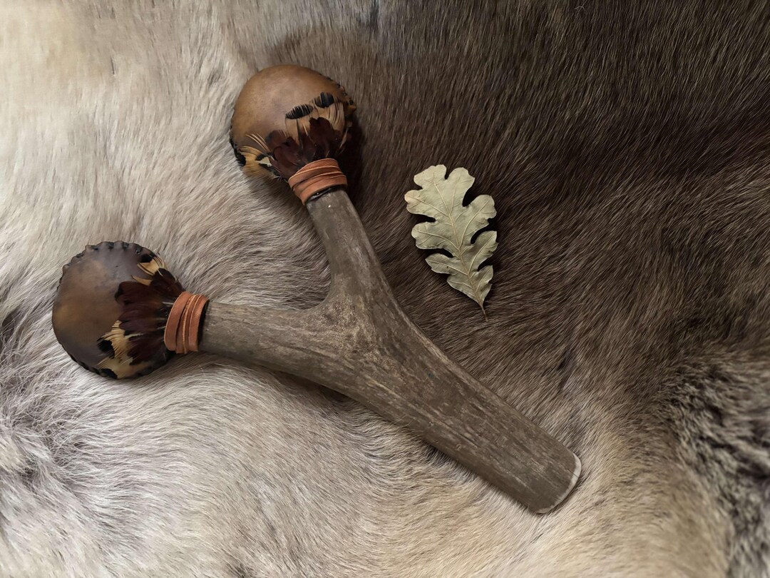 Double Headed Fire Ceremony Rattle Large With Antler and Feathers ...