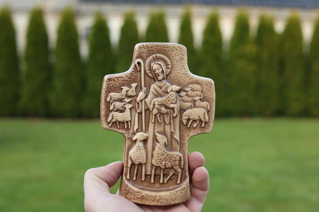 The Good Shepherd Wooden Christian Wall Cross | Carved Symbol of Divine ...