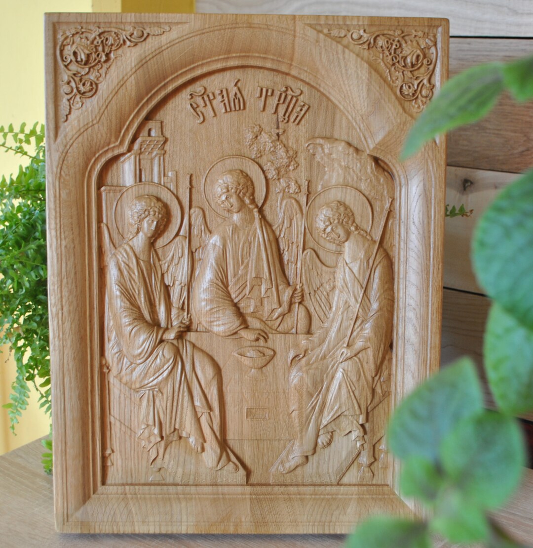 Orthodox Wooden Carved Icon Holy Trinity. Christian Faith Art / Wood ...