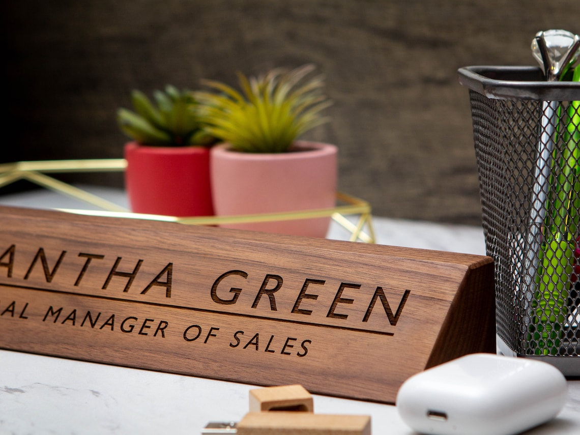 Wood Name Plate - 11.75 Inches, Modern Engraved Walnut Desk Sign ...