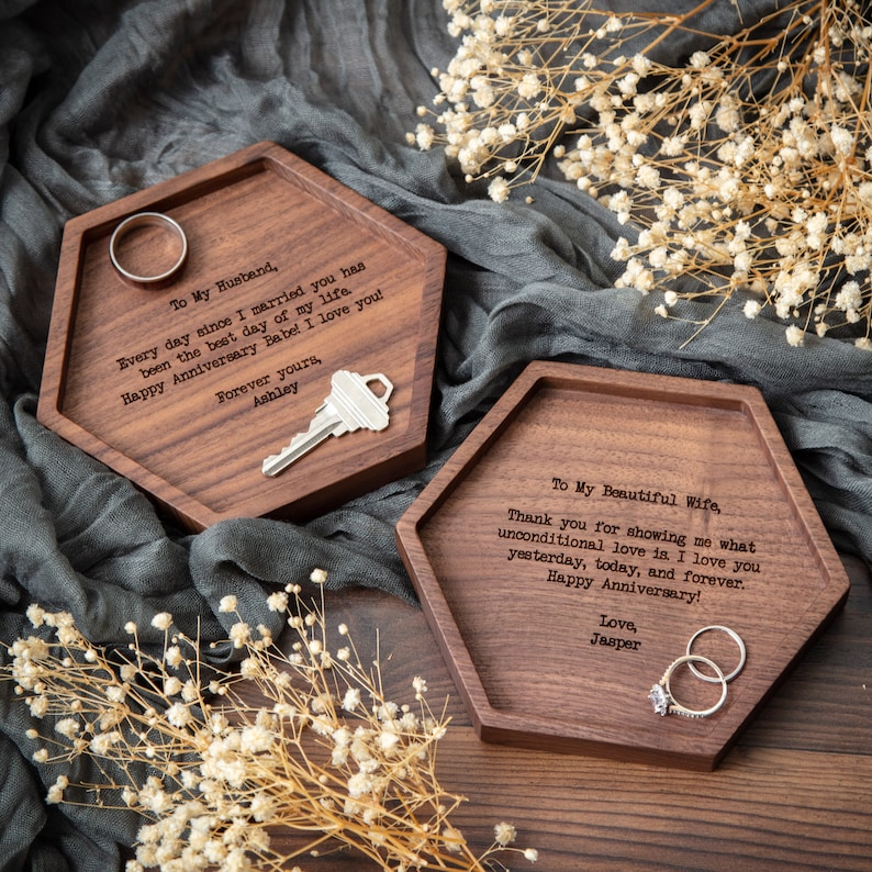 Hexagon Wood Tray - Engraved Modern Ring Dish Key Tray, Anniversary ...
