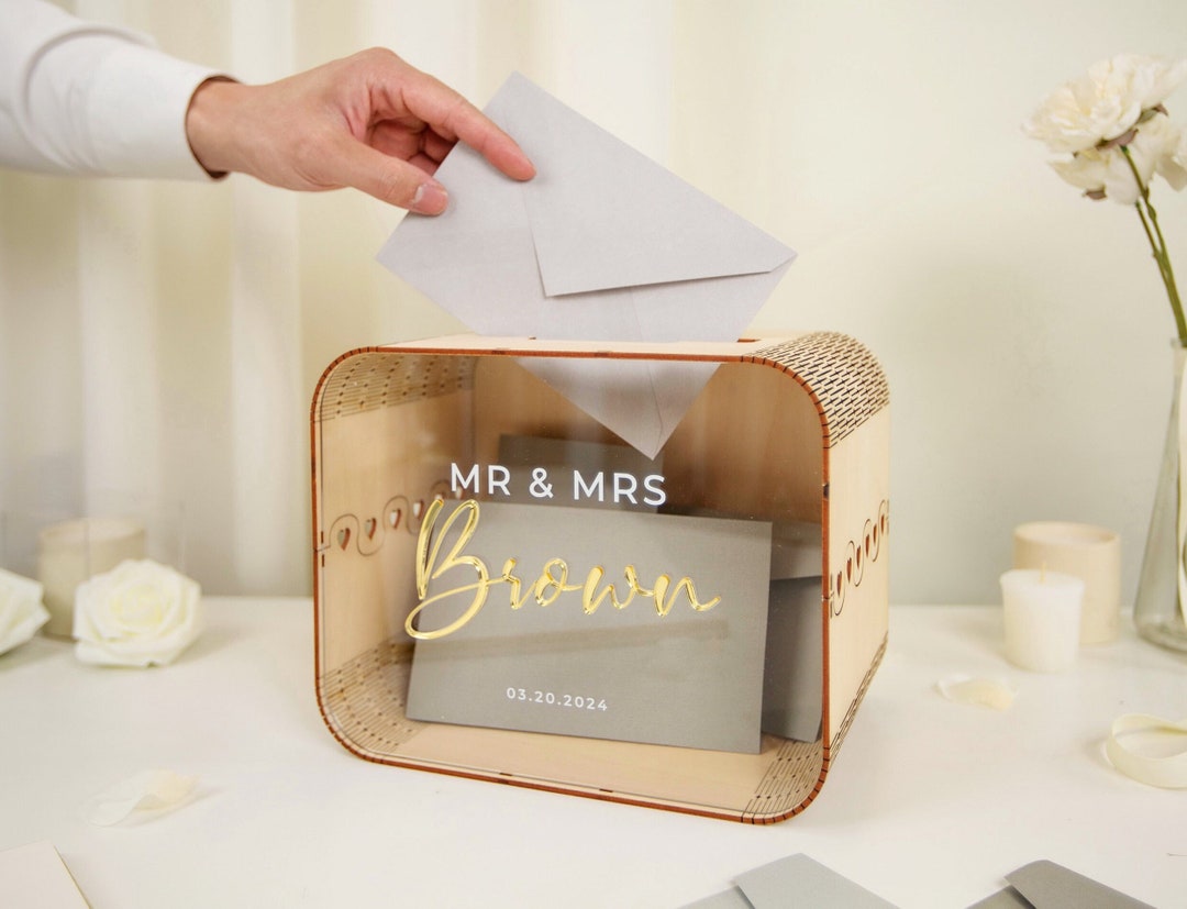 Wood & Acrylic Wedding Card Box design 12 3D Gold Mirror Boho Modern ...