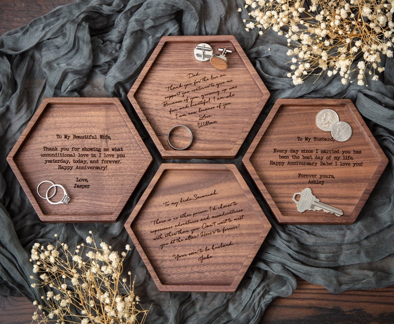 Hexagon Wood Tray - Engraved Modern Ring Dish Key Tray, Anniversary ...