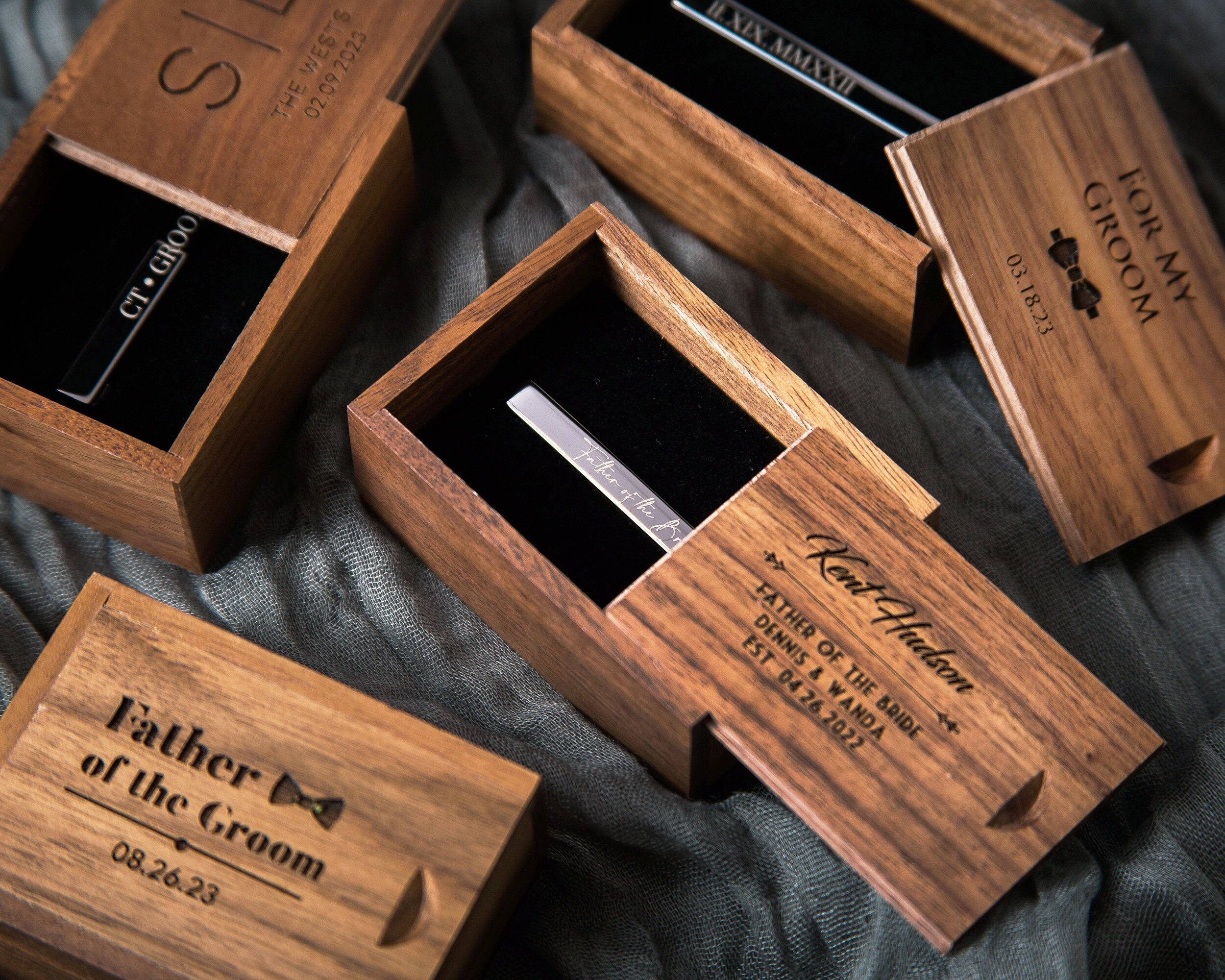 Tie Clip Bar With Tall Box Set- Custom Engraved Wooden Box, Wedding ...