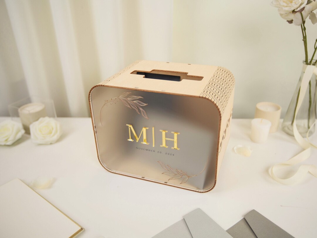 Wood & Acrylic Wedding Card Box (design 13) - 3D Gold Mirror Boho ...