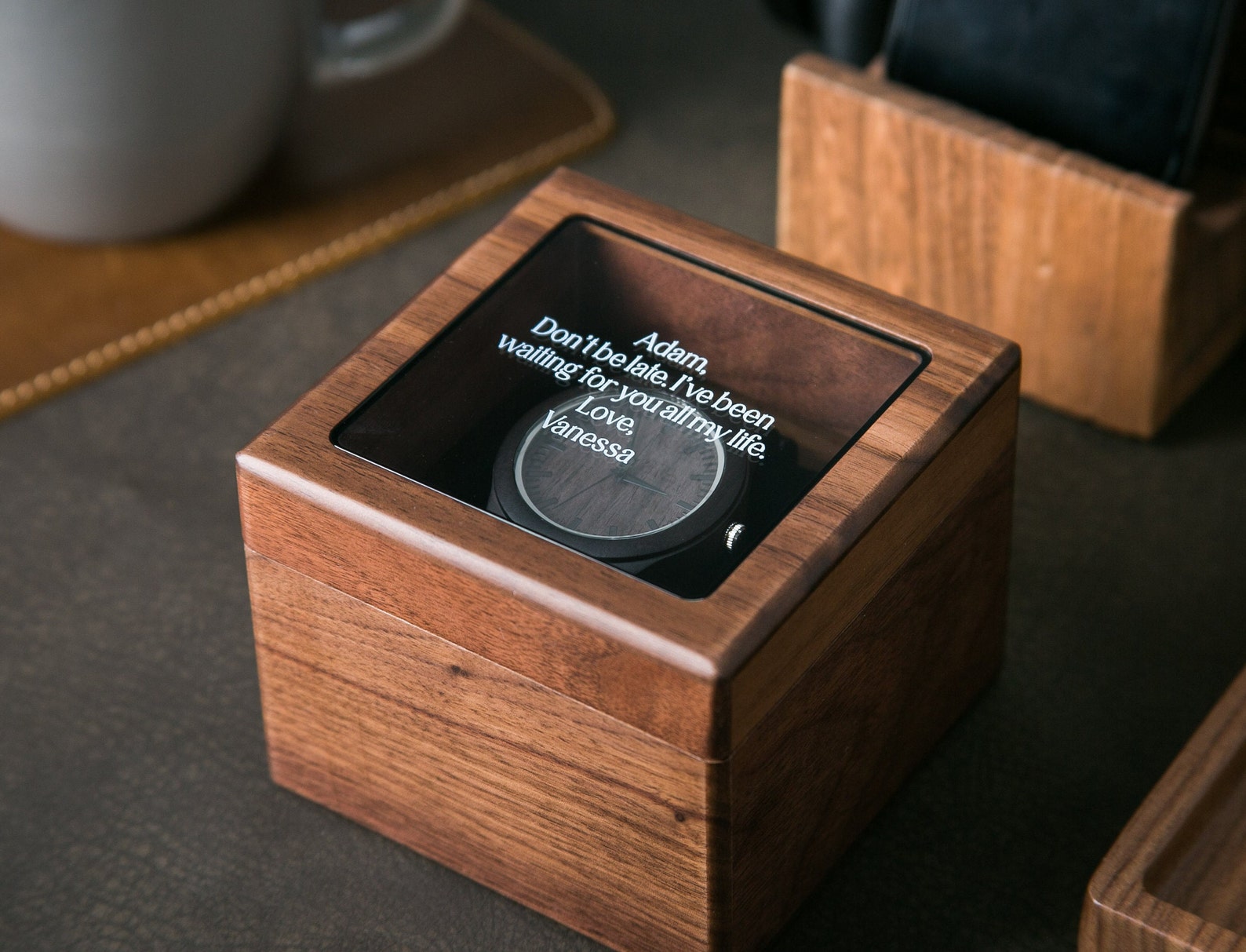 Engraved Wood Watch & Glass Top Walnut Gift Box (SET) - Mens 5th ...