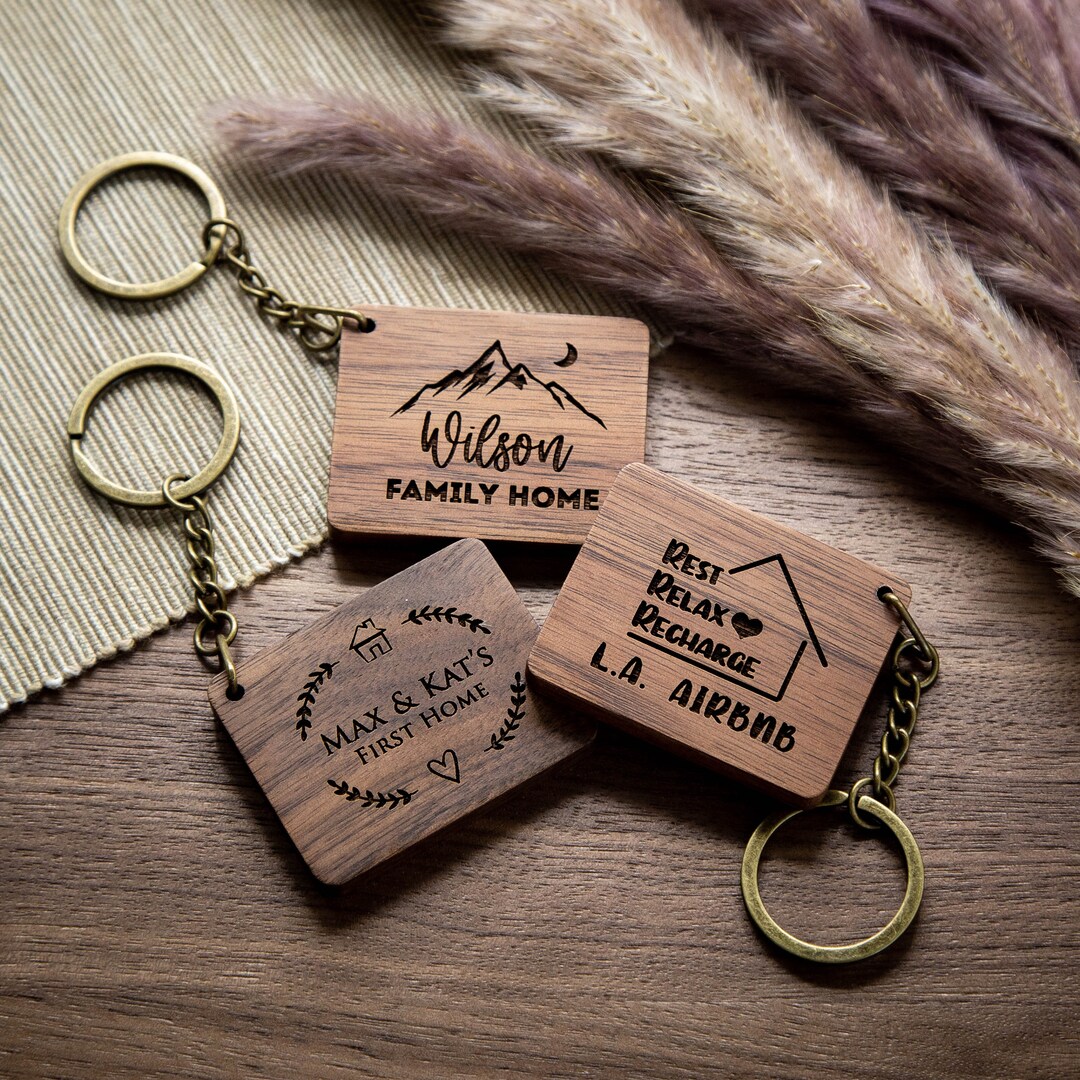 Rectangle Wood Key Chain Custom Engraved Keychain Airbnb - Etsy