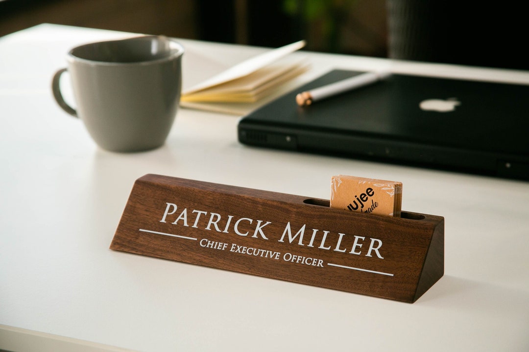 Wood Name Block With Card Slot (white Print 10") - Personalized Desk ...