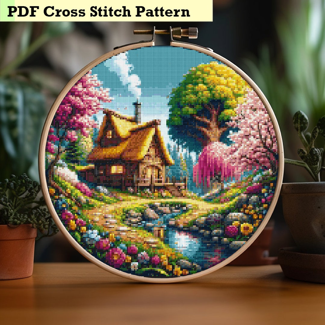 Spring Cozy Cabin - Cross Stitch Pattern Decor - Etsy