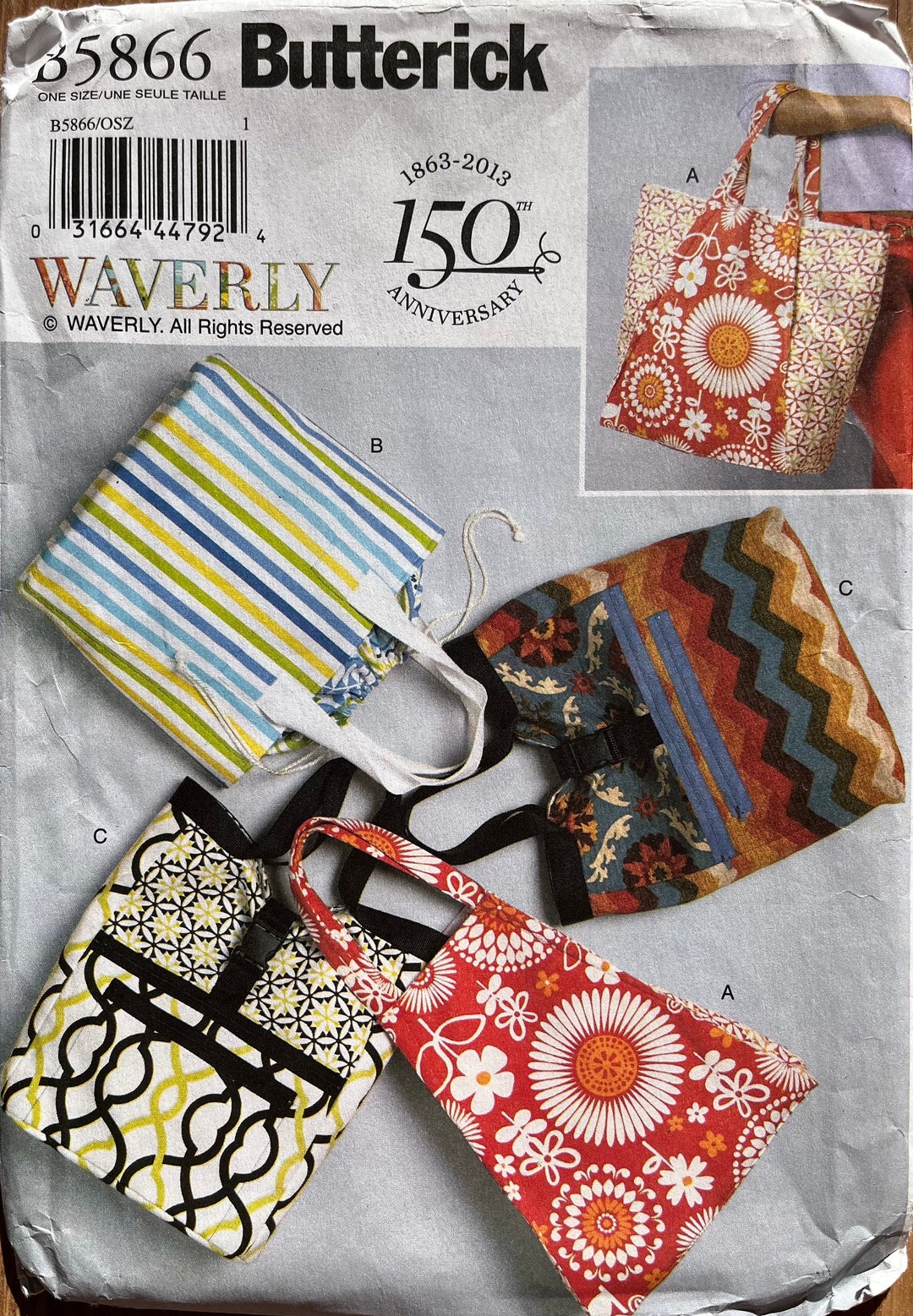 Butterick B5866 Three Lined Bags Pattern. Tote Bag. Drawstring. Buckle ...