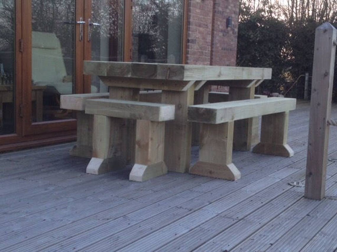 5 peice rustic sleeper table and benches | Etsy