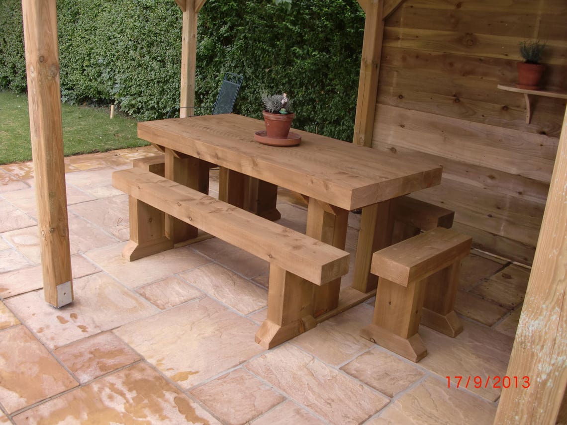 5 peice rustic sleeper table and benches | Etsy