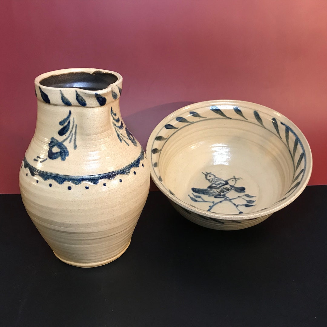 Vintage Bruce Stebner Hand Thrown Pottery Pitcher and Bowl: Salt Glazed ...