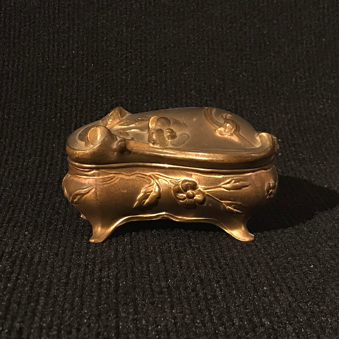 Art Nouveau Antique Metal Jewel Box - A Golden Footed, Cushion Lined ...