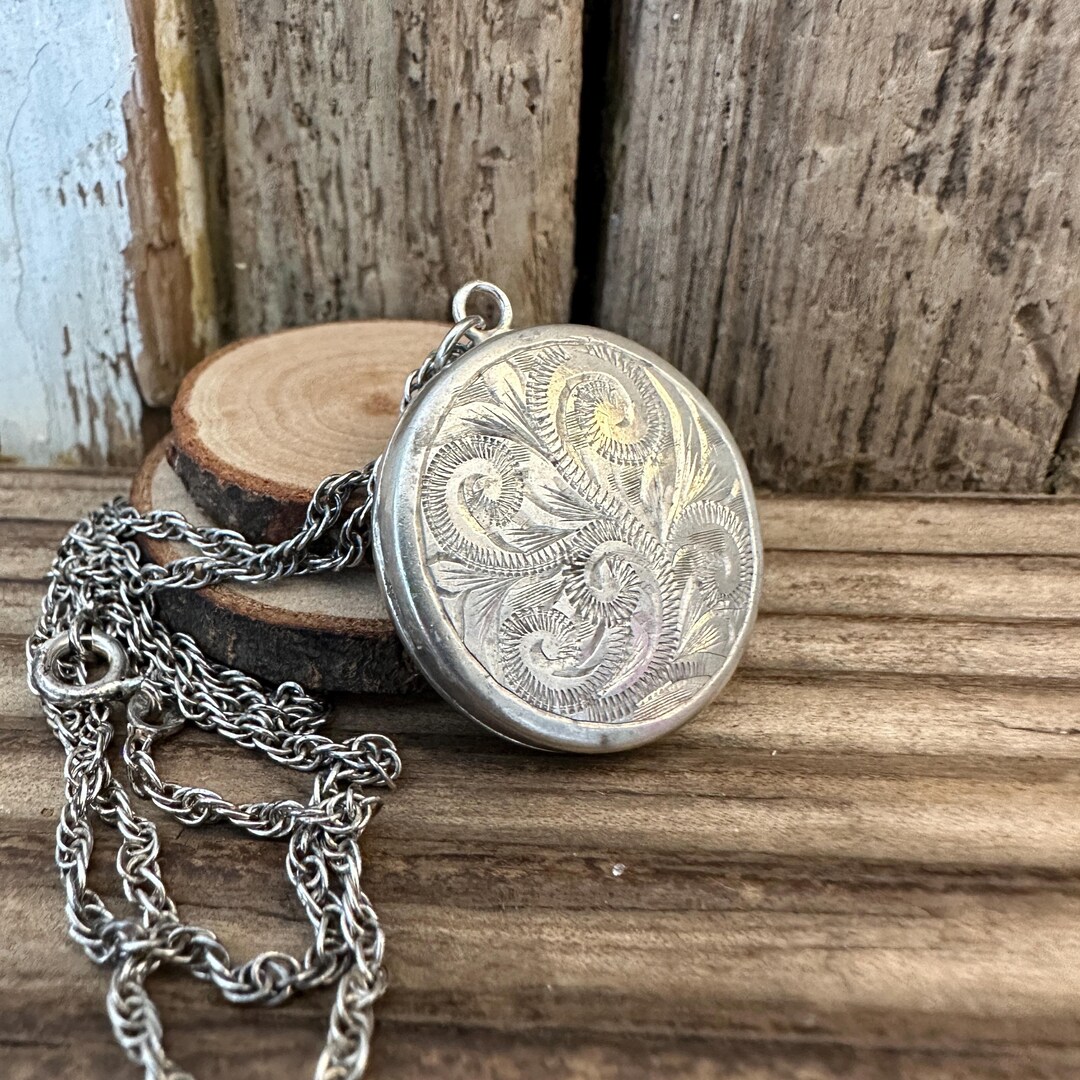 Vintage Solid Silver Round Locket Necklace, Engraved Double Sided ...