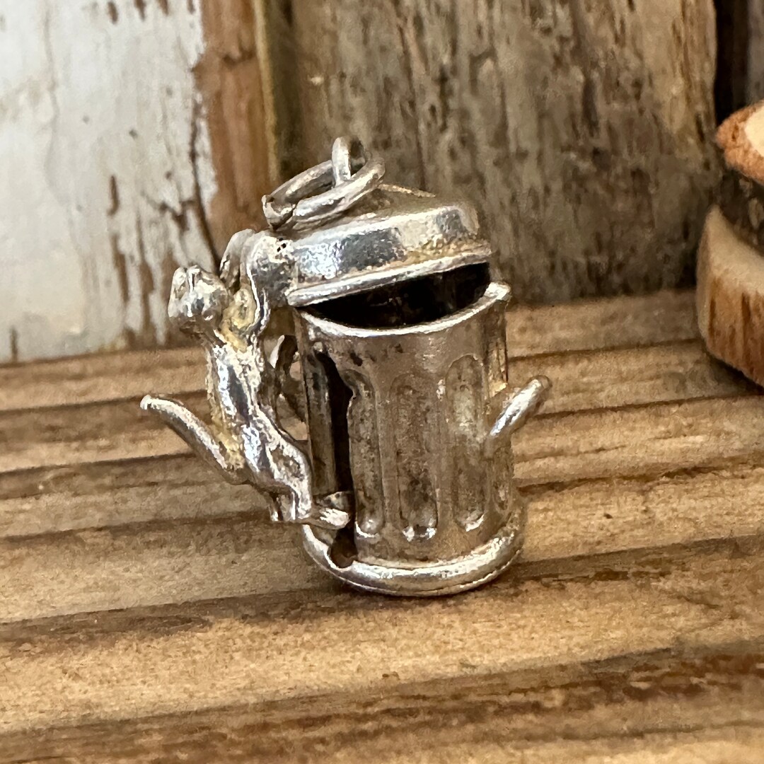 Vintage Solid Silver Cat Charm Moving Feline Dustbin Garbage Trash Can ...