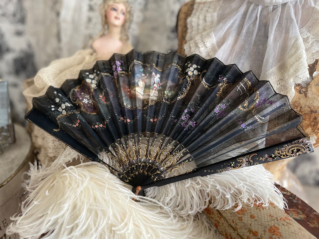 Antique Lace Fan Fan Rococo Pair Hand Painted Gold Sequins - Etsy