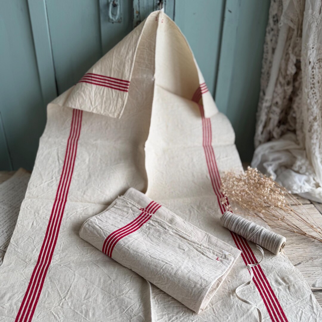 2 Antique French Torchon Linen Kitchen Towels With Red Stripes ...