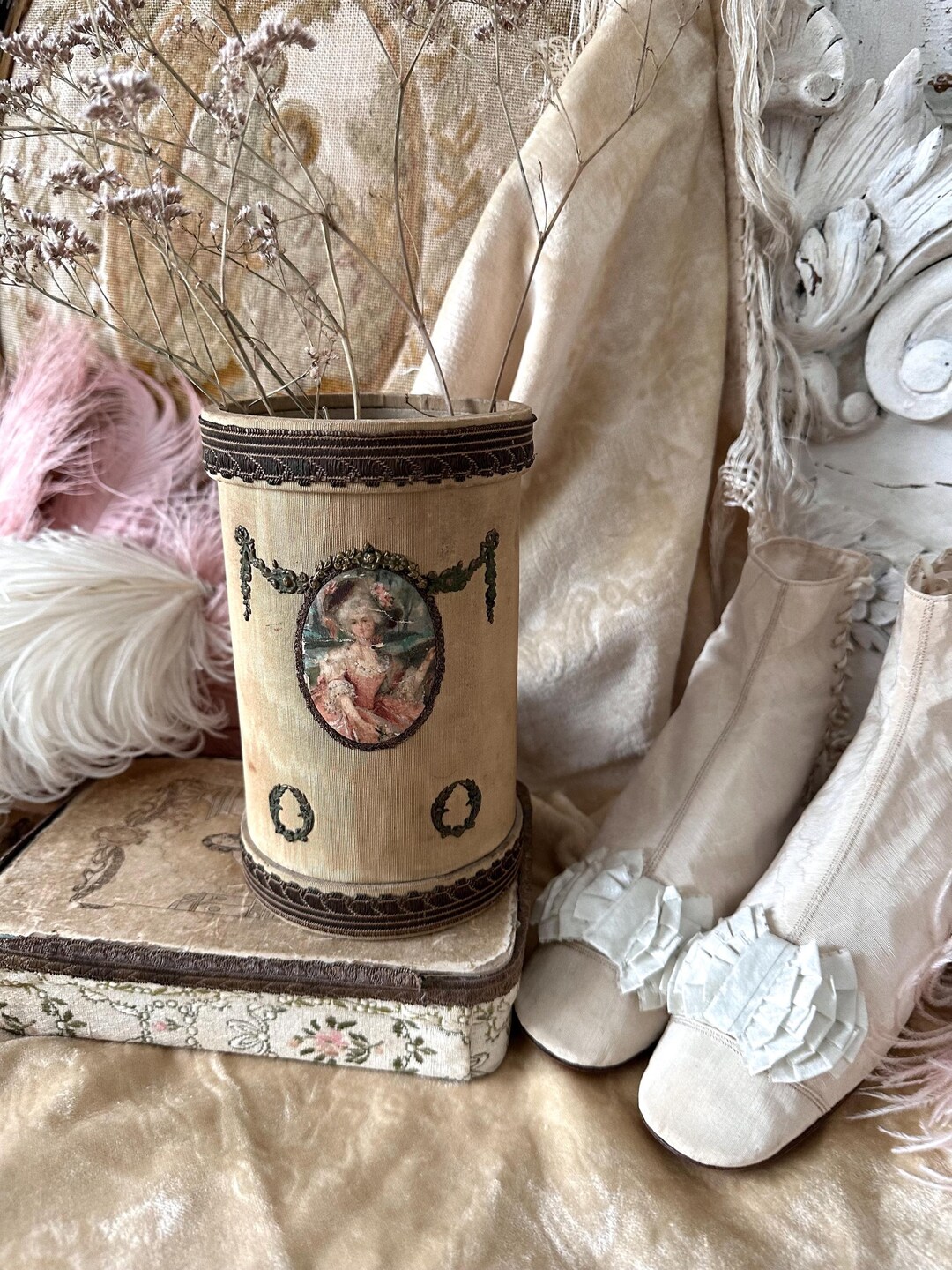 French 19th Century Antique Boudoir Vase Silk Moire Ormolu Garlands ...