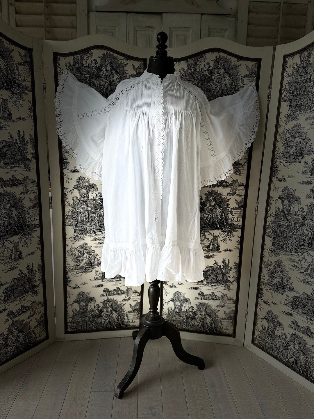 Antique 1900s Nightgown, Night Jacket, Bat Sleeves, Ruffles and ...