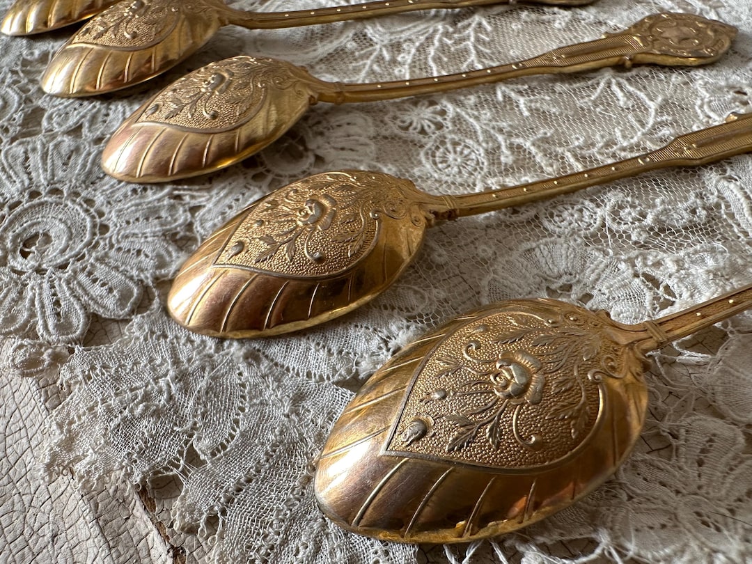 6 Antique German Silver Gold Plated Mocha Spoons / Demitasse Roses and ...