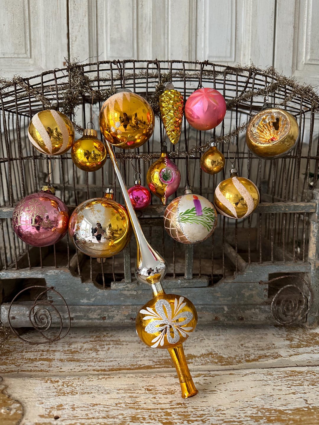 Antique German Glass Christmas Tree Decoration Pink Gold/yellow Balls ...