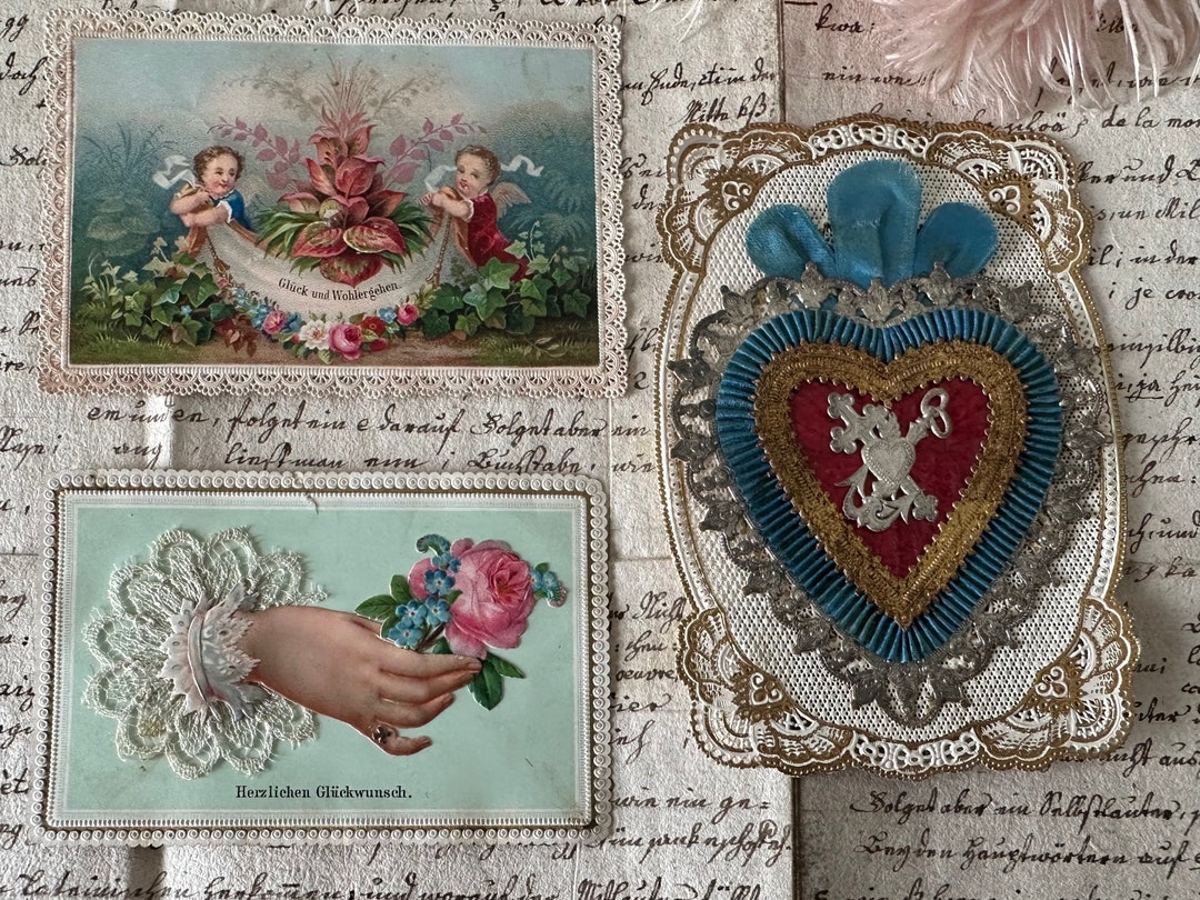 3x Antique 1870s Victorian Paper Lace Pop up Greeting Cards Hand, Heart ...