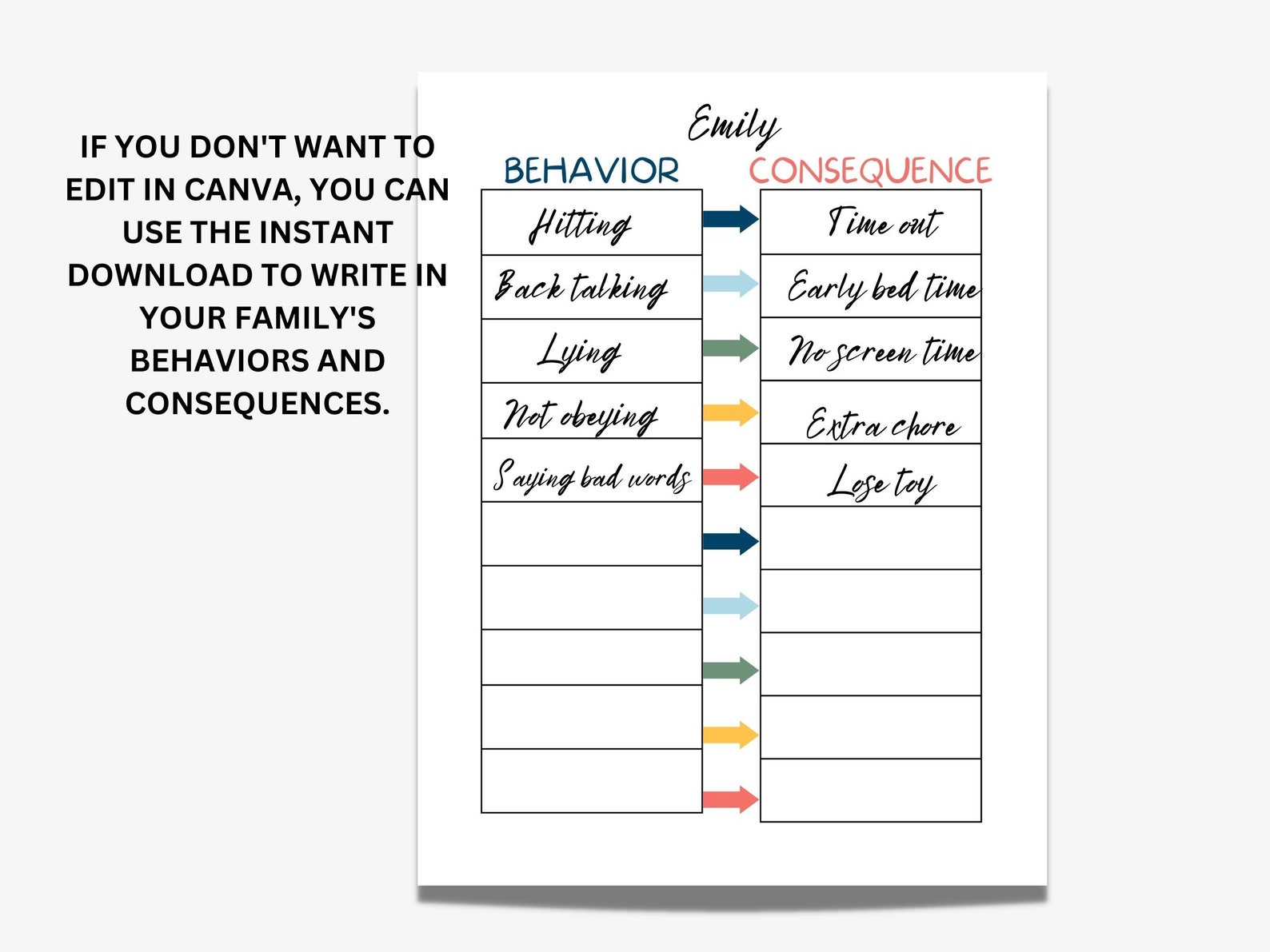 Editable Behavior Consequence Chart, Behavior Chart for Kids Printable ...