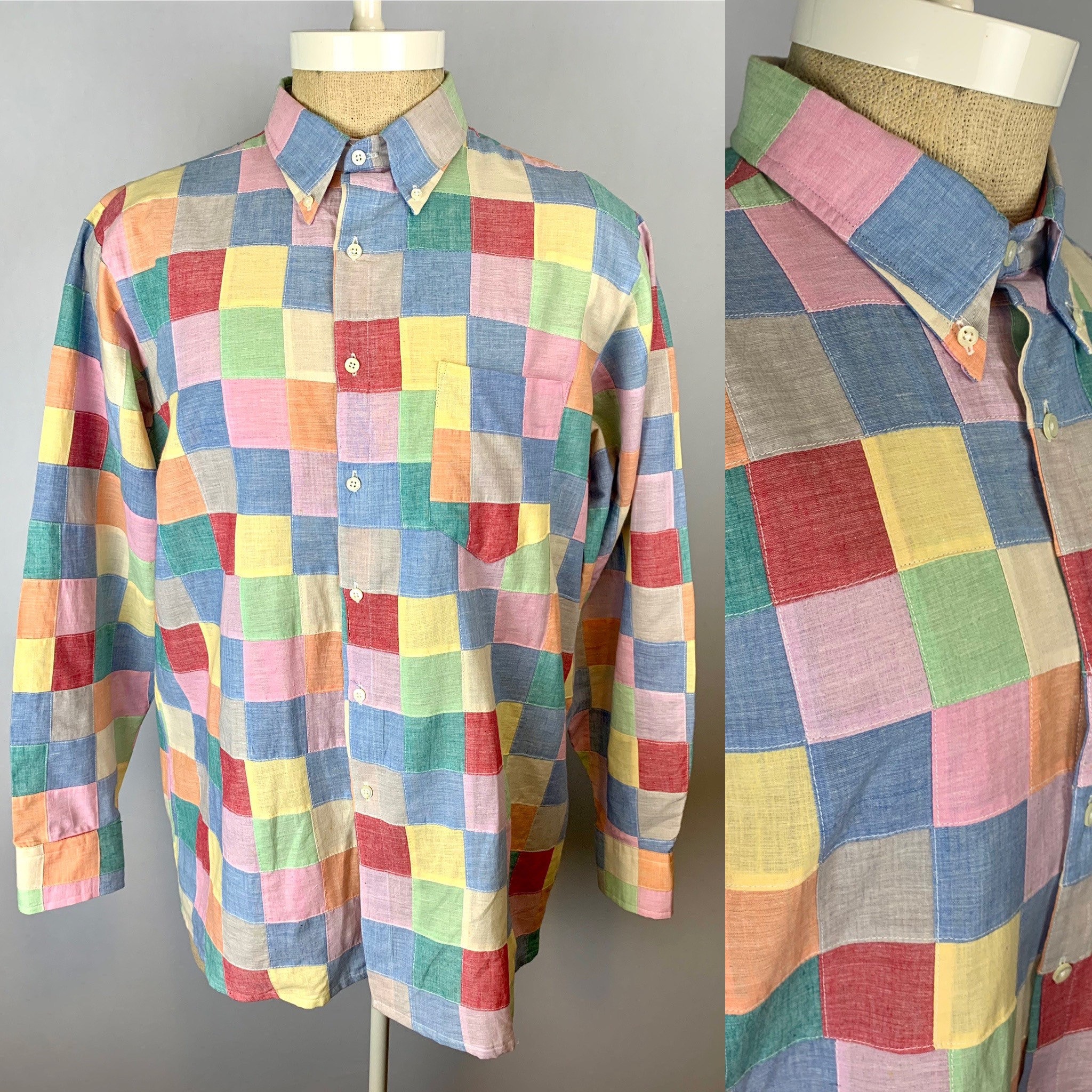 Vintage 80s Preppy Style Patchwork Cotton Shirt Cleve Shirtmaker Mens ...