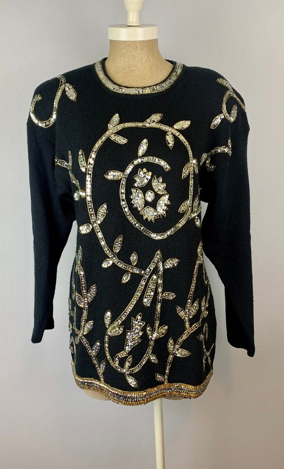 Women’s Vintage 80’s Black Silver Sequin Sparkle Pull… - Gem